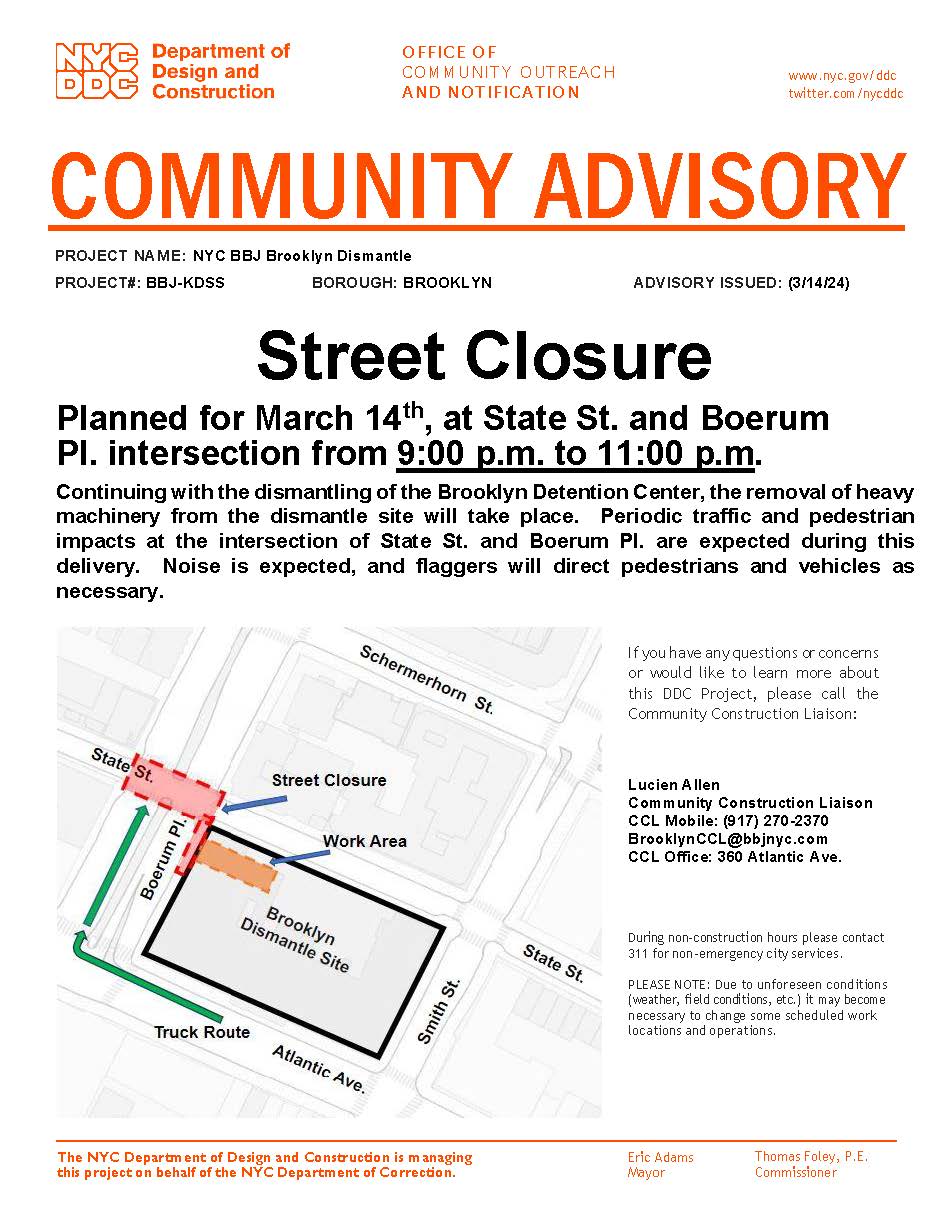Brooklyn Dismantle - Advisory Notice – 3/14/24 - Rikers