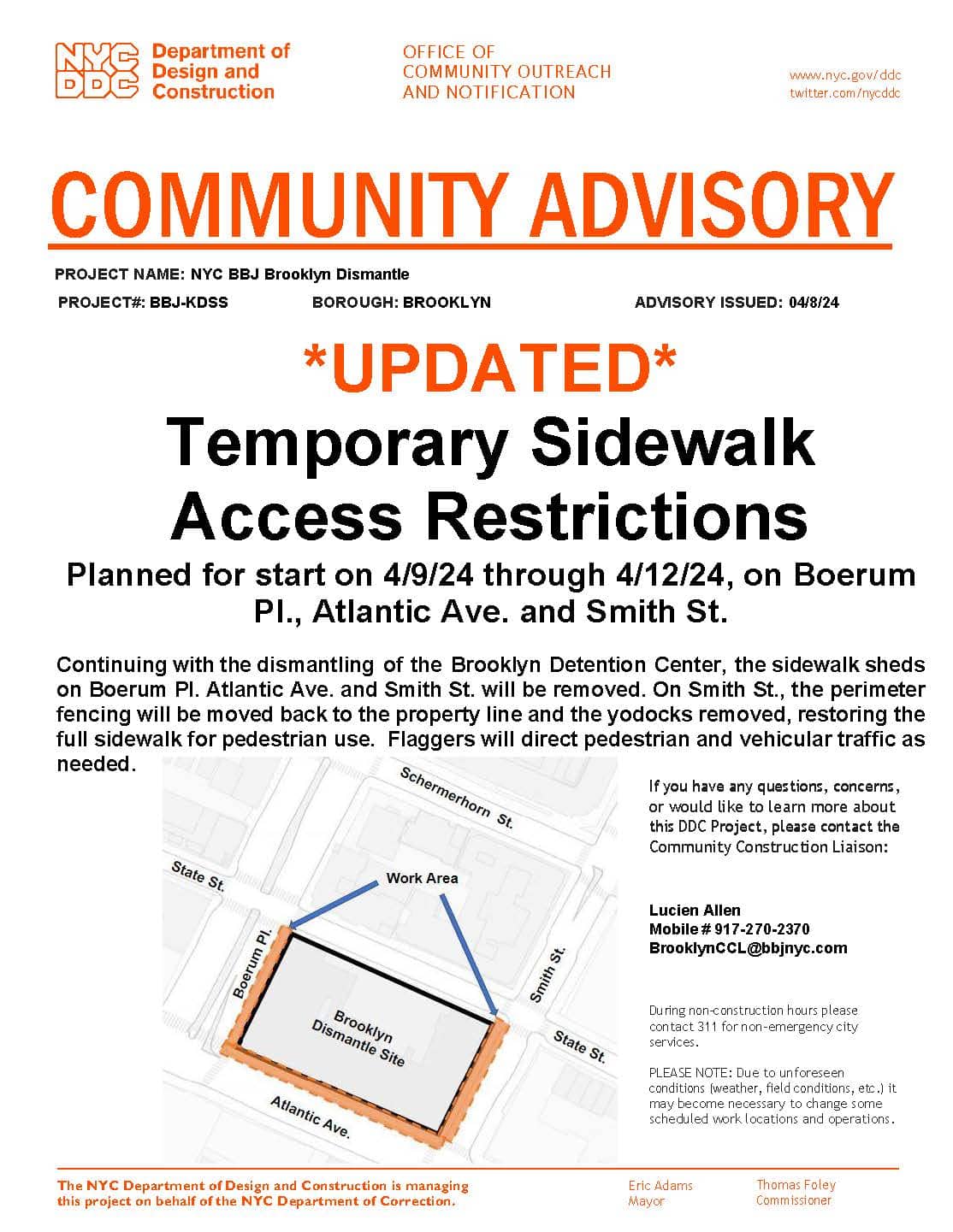 Brooklyn Dismantle - Advisory Notice – 4/2/24 (*UPDATED* - 4/8/24) - Rikers