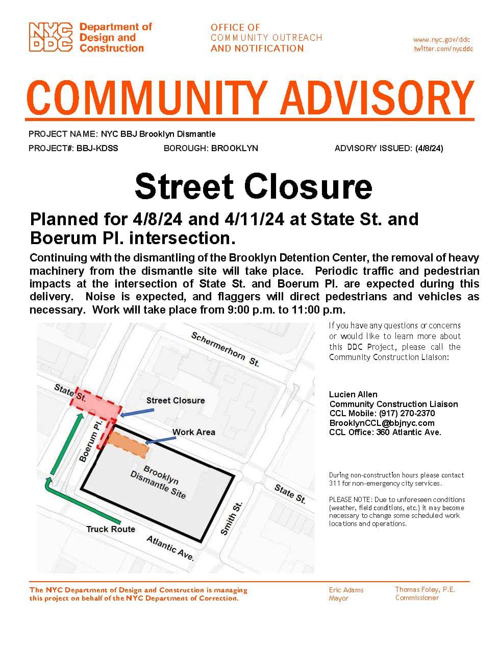 Brooklyn Dismantle - Advisory Notice – 4/8/24 - Rikers