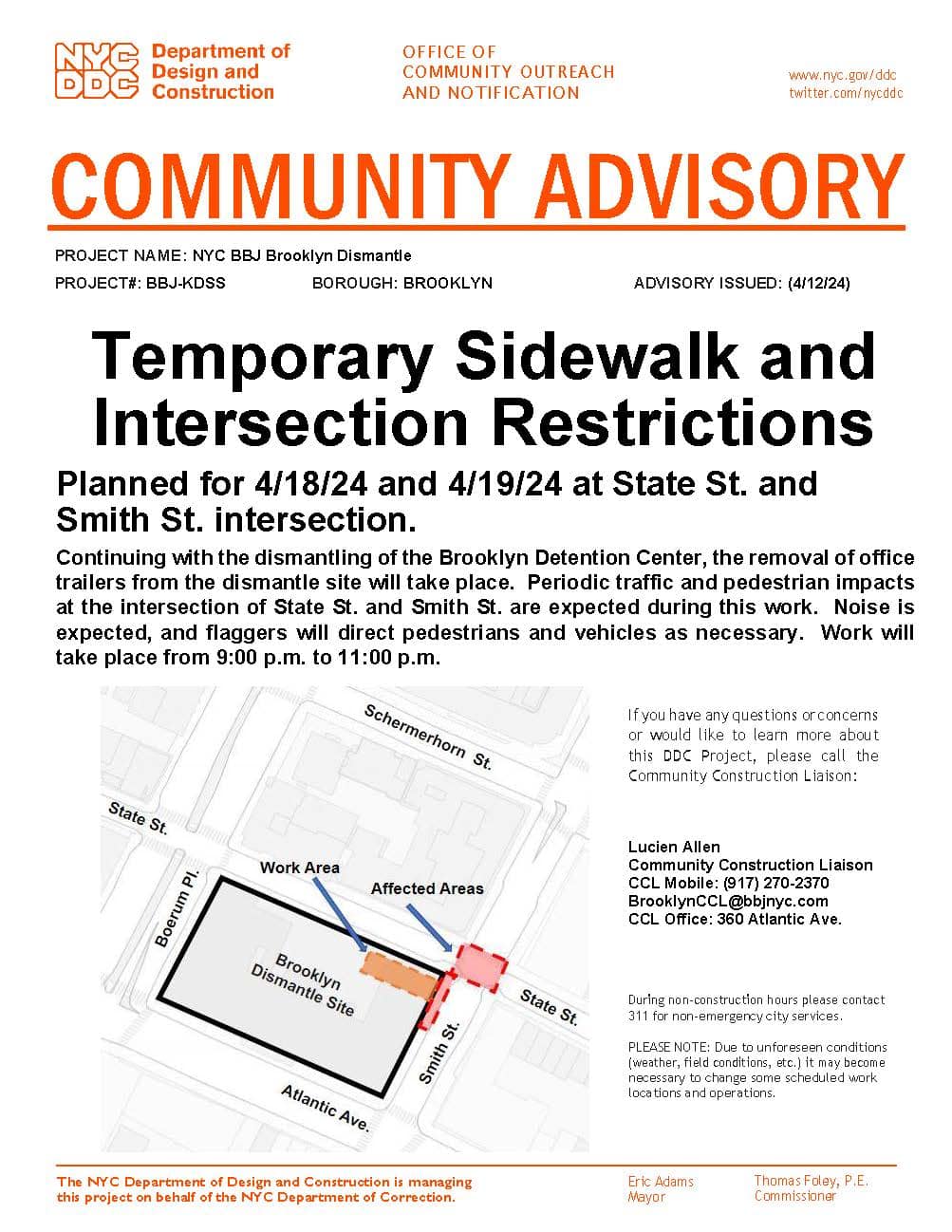 Brooklyn Dismantle - Advisory Notice – 4/12/24 - Rikers