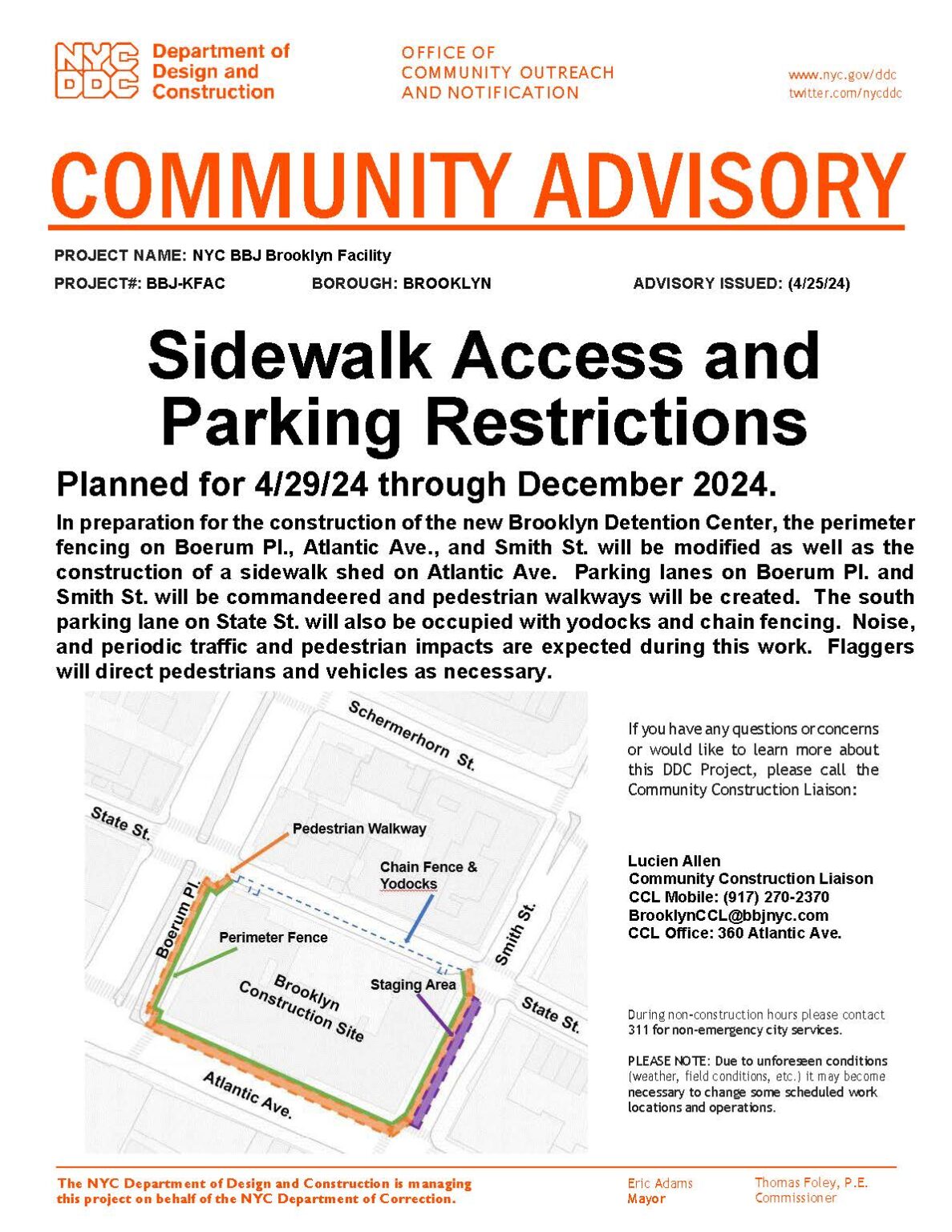 Brooklyn Facility - Advisory Notice – 4/25/24 - Rikers