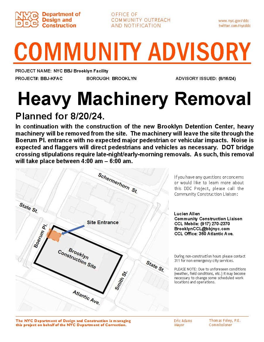 Brooklyn Facility - Advisory Notice (Heavy Machinery Removal) – 8/16/24 ...